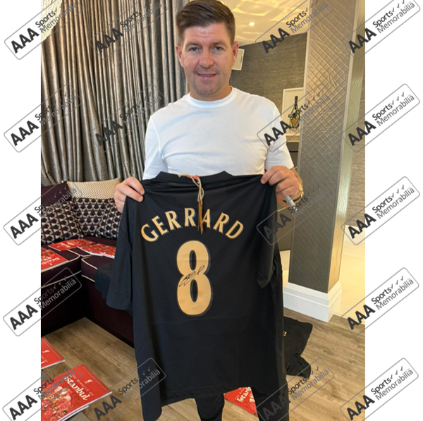 Steven Gerrard Hand Signed Liverpool 2005 Black/Gold #8 Shirt in AAA G ...