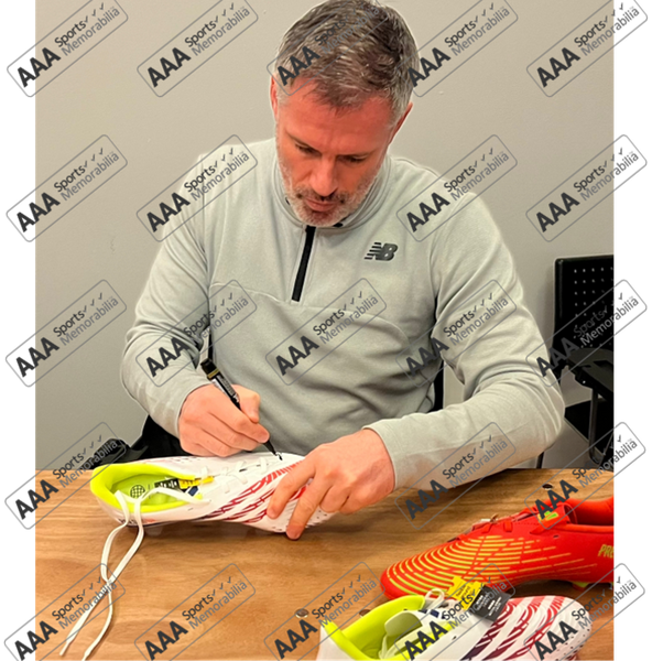 Jamie Carragher Signed WHITE Football Boot In Deluxe Classic Dome Fram ...